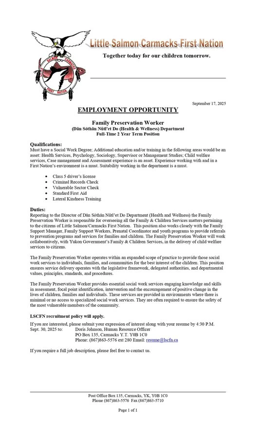 Family Preservation Worker — Little Salmon Carmacks First Nation