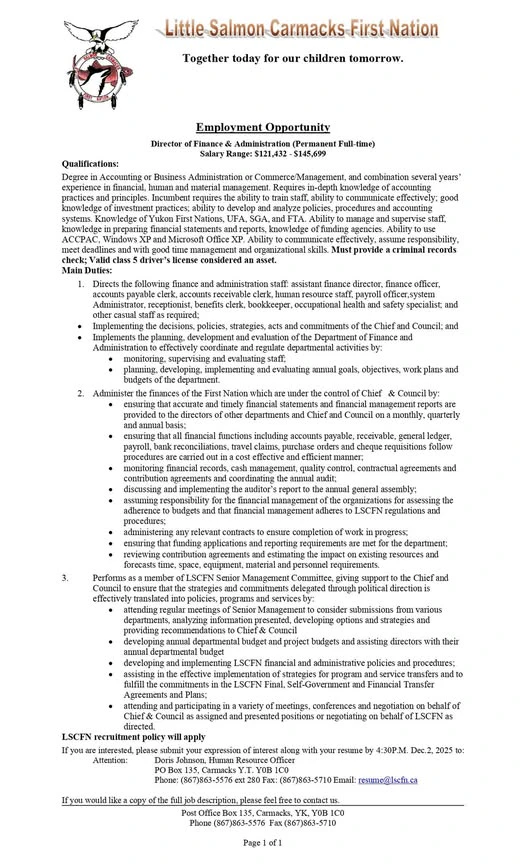 Finance & Administration Director — Little Salmon Carmacks First Nation