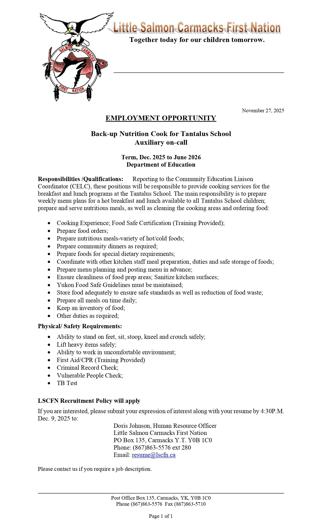 Back-Up Nutrition Cook Tantalus School — Little Salmon Carmacks First ...