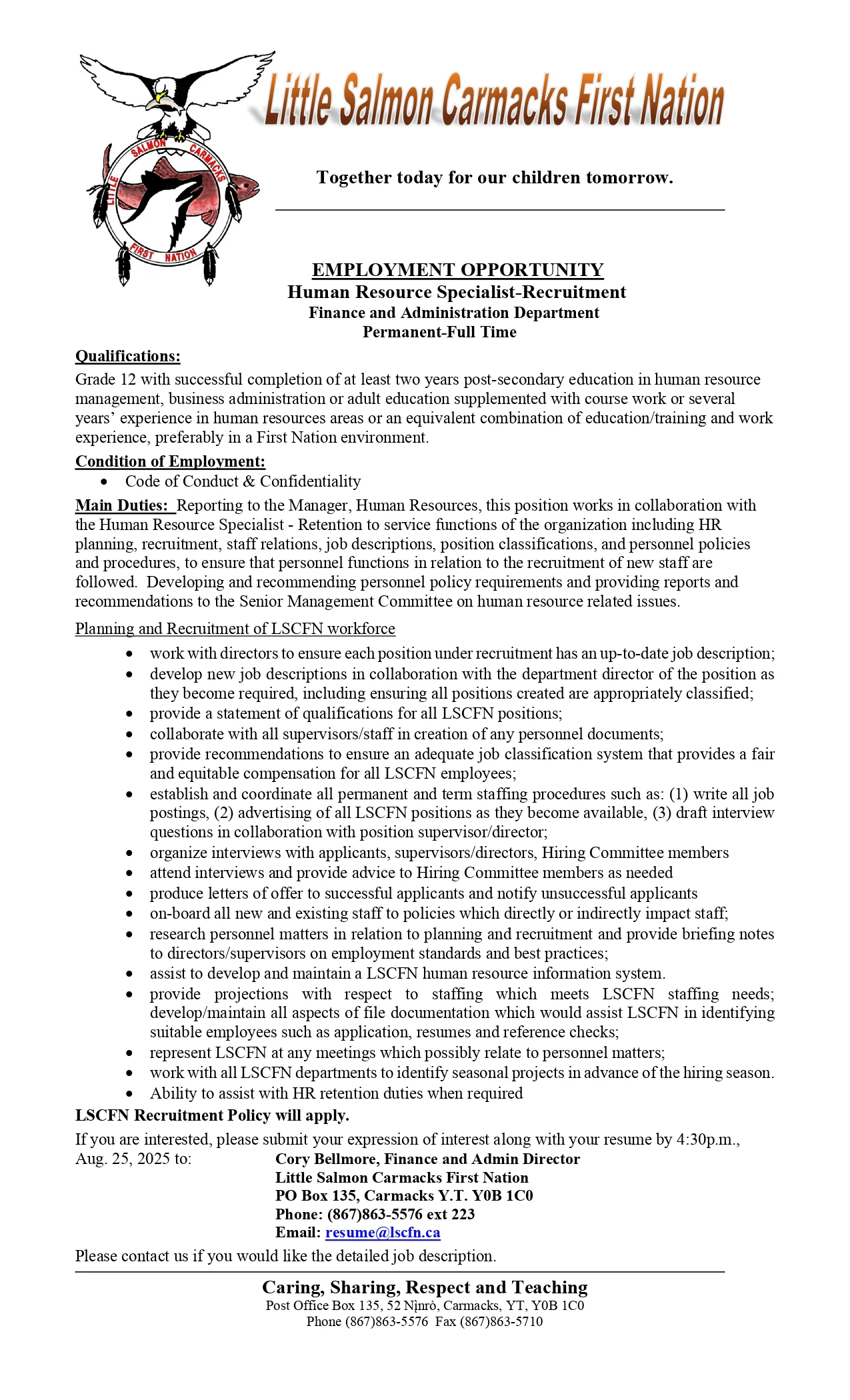 HR Specialist Recruitment — Little Salmon Carmacks First Nation