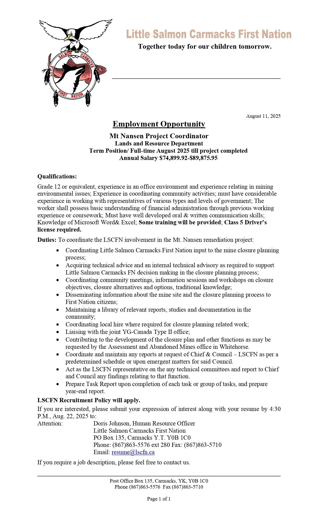 Mt Nansen Project Coordinator — Little Salmon Carmacks First Nation