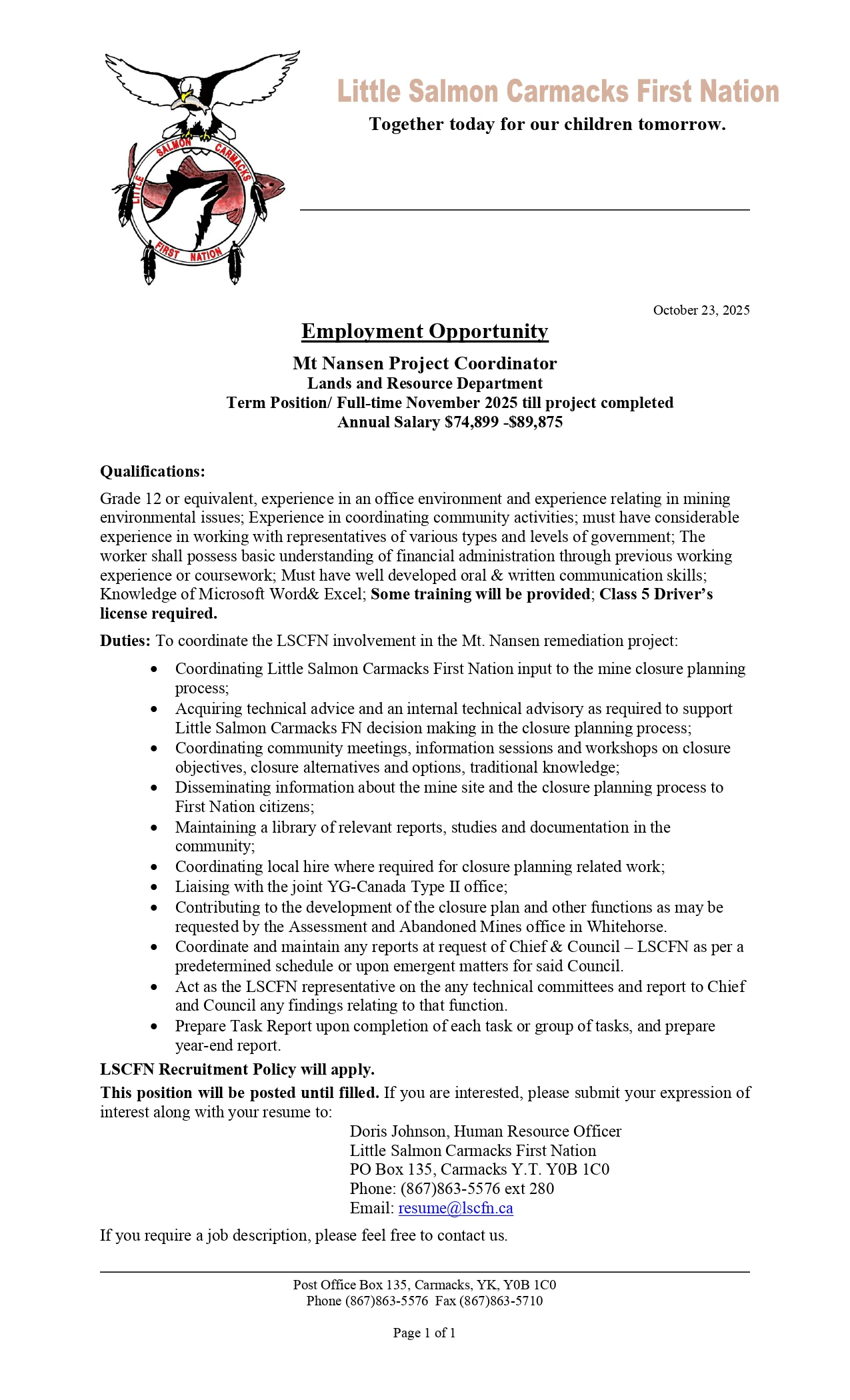 Mt Nansen Project Coordinator — Little Salmon Carmacks First Nation